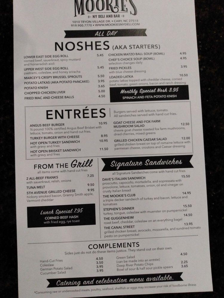 Menu at Mookie's New York Deli pub & bar, Cary