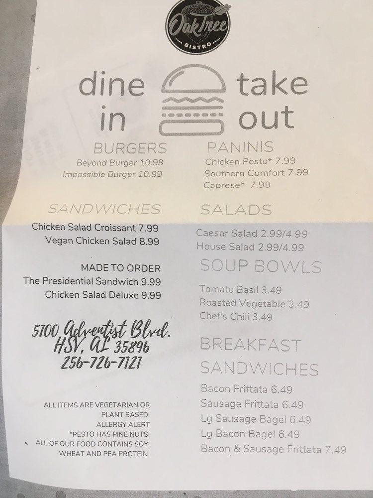 Menu at Oak Tree Bistro pizzeria, Huntsville