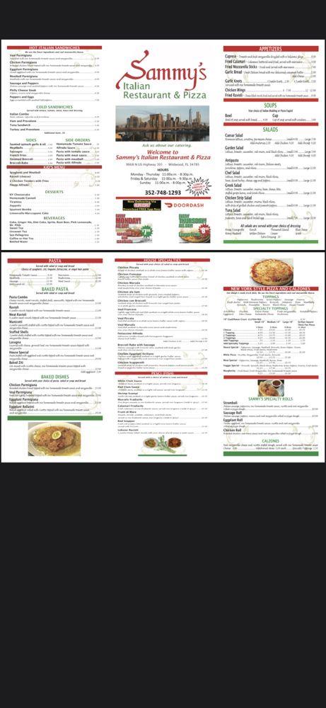 Menu at Sammy's Italian pizzeria, Wildwood