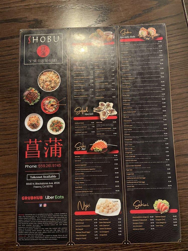 Menu at Shobu Japanese Cuisine restaurant, Fresno