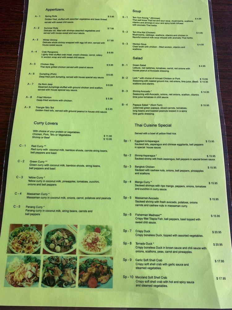 Menu at Thai Cuisine restaurant, Kingsport