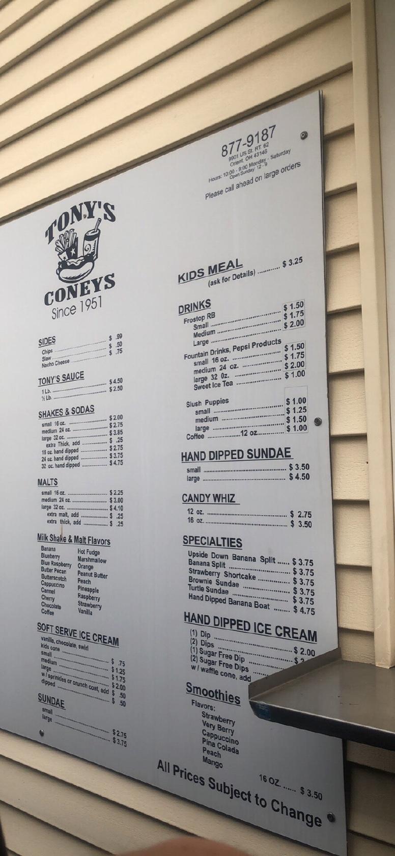 Menu at Tony's Coneys restaurant, Columbus
