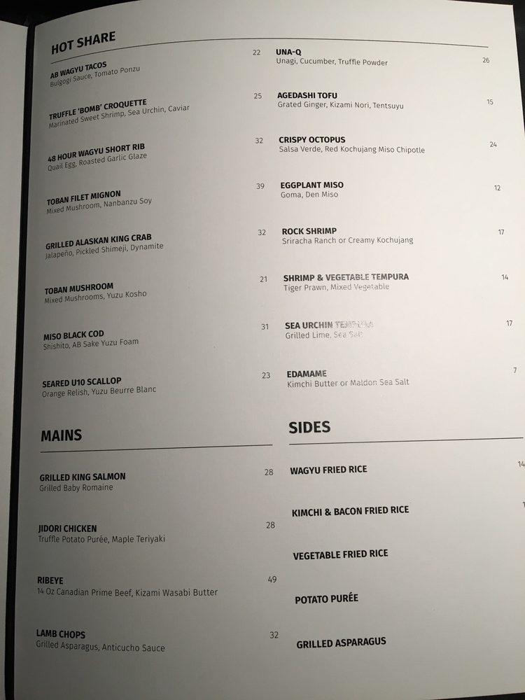 Menu at Akira Back restaurant, Toronto