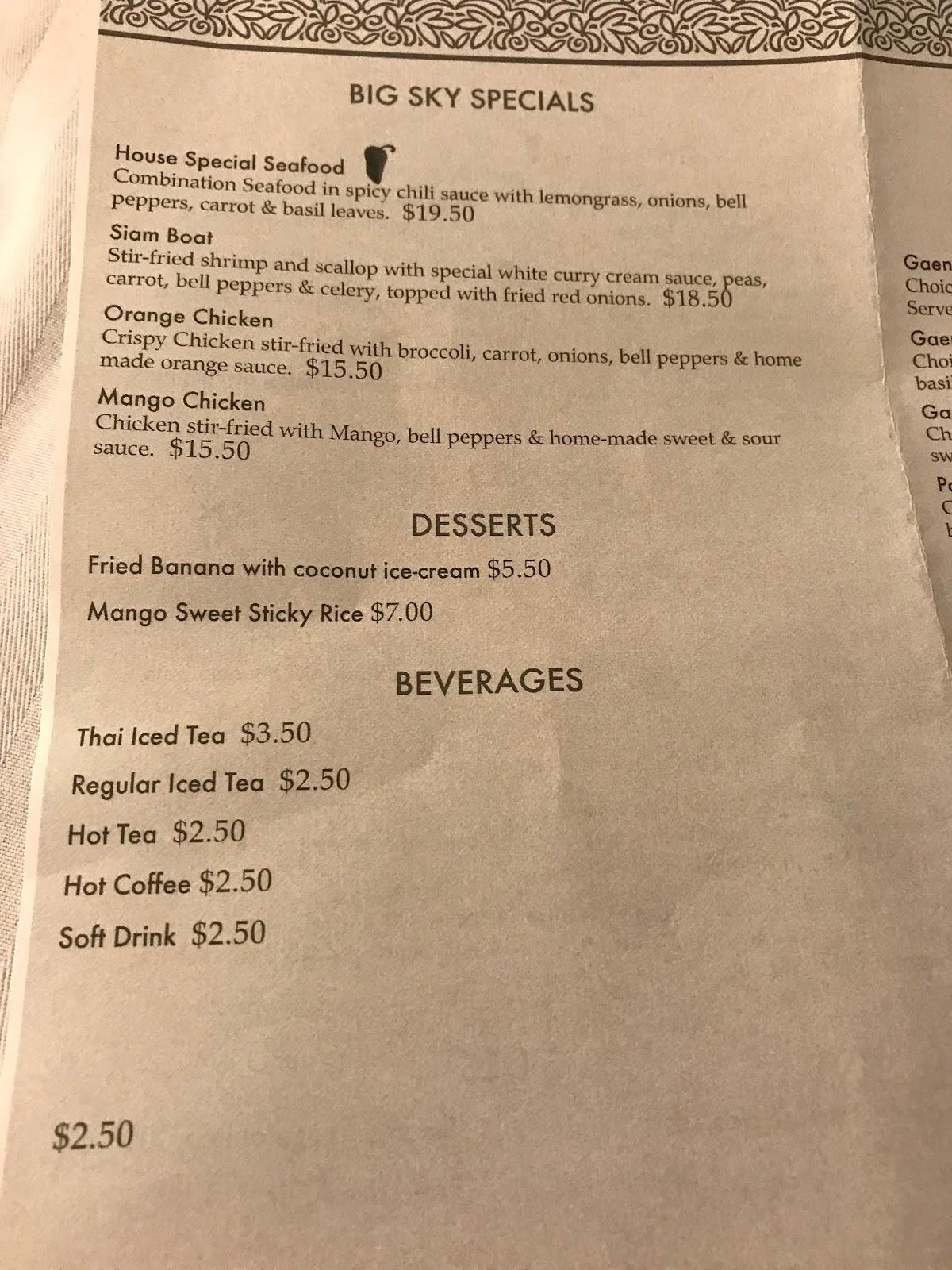 Carta del restaurante Big Sky Thai, Livingston, 102 Rogers Ln