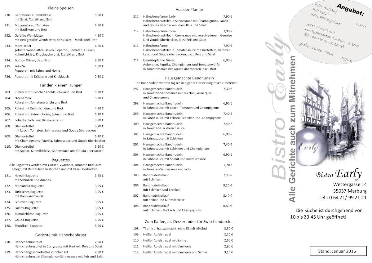 Speisekarte von Bistro Early pizza, Marburg
