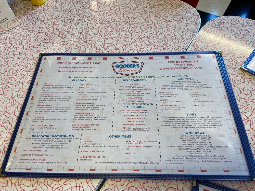 Menu at Goobers Diner restaurant, Wilmington