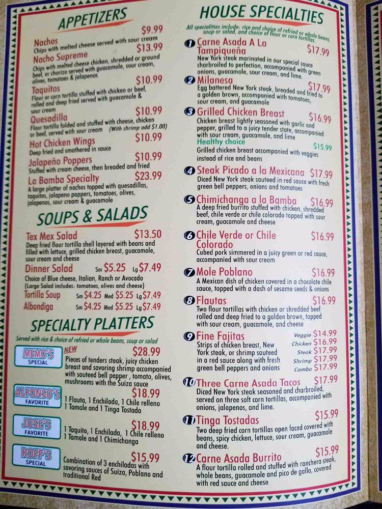 Menu at La Bamba Mexican Restaurant, Truckee
