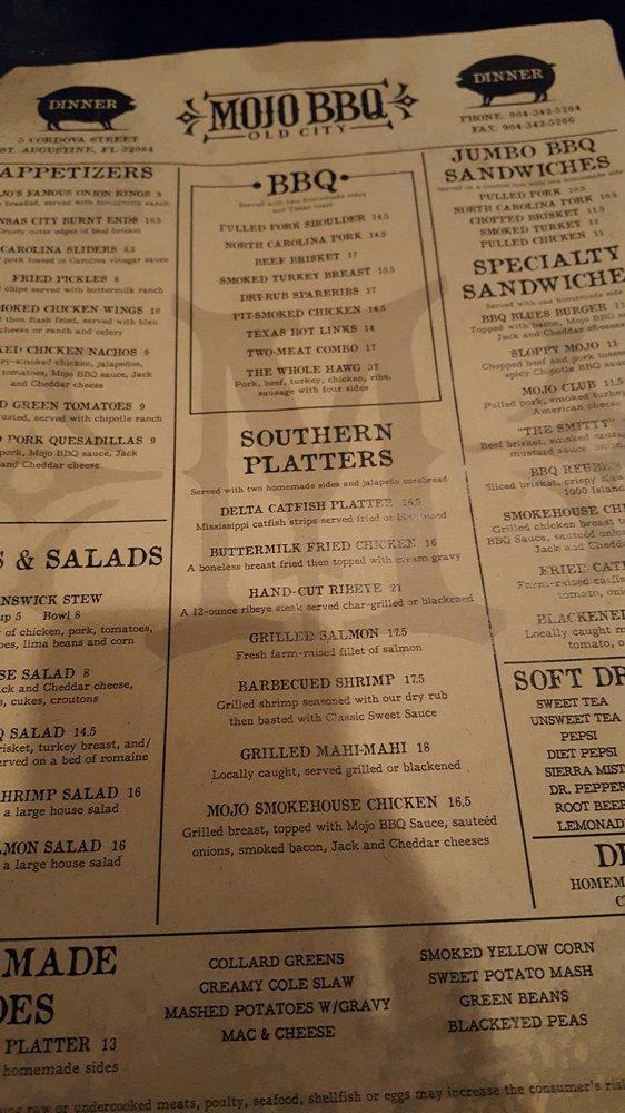 Menu at Mojo Old City BBQ, St. Augustine