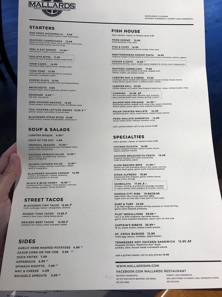 Menu at Mallards Restaurant, Forest Lake
