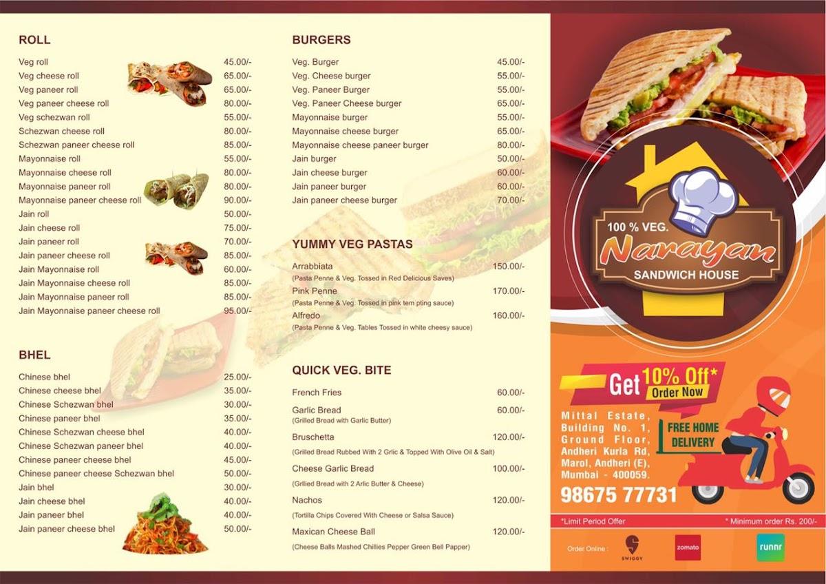 Menu at Narayan's Sandwich House, Mumbai, Andheri - Kurla Rd