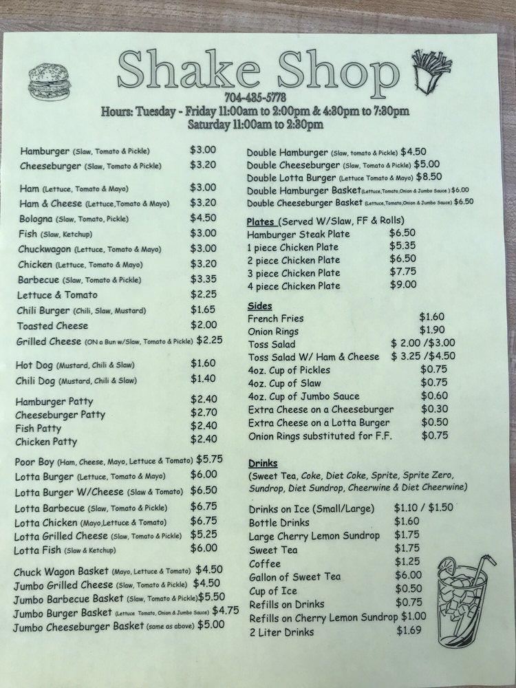 Menu at Shake Shop restaurant, Cherryville