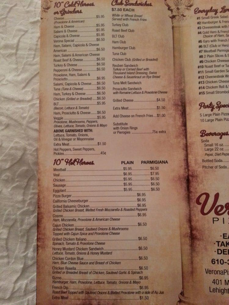Menu at Verona Pizza House pizzeria, Lehighton