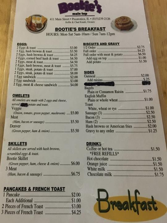 Menu at Bootie's Main Tap pub & bar, Pecatonica
