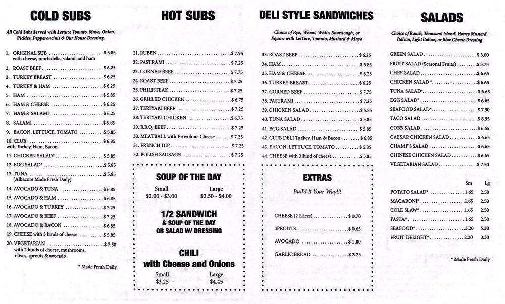 Menu at Champ's Deli Restaurant, Signal Hill