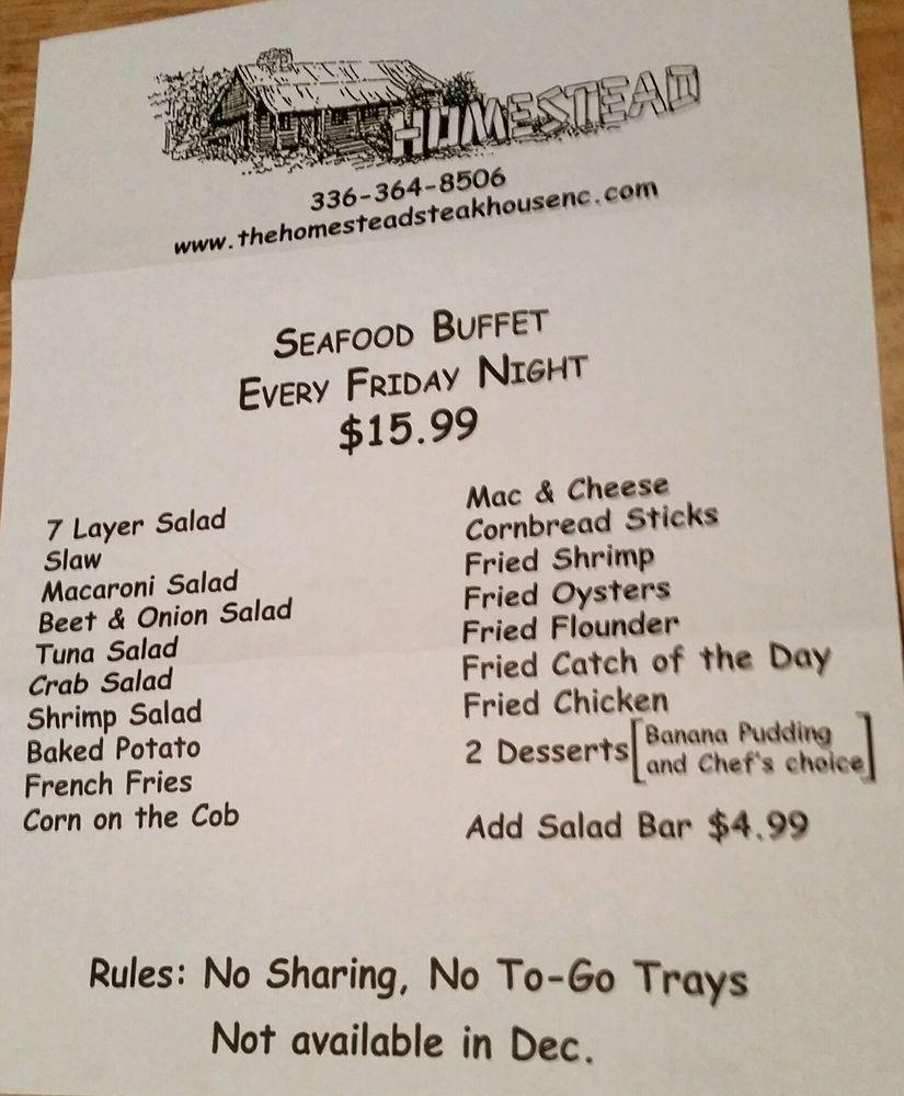 Menu at Homestead Steakhouse & Restaurant, Timberlake, 205 Frank ...