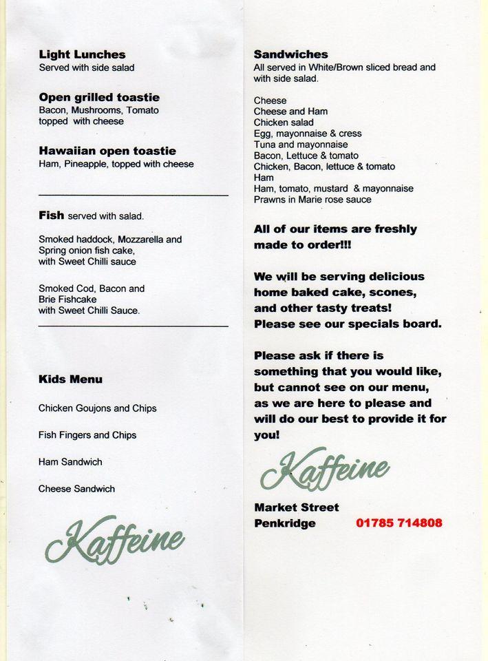 Menu at Kaffeine cafe, Penkridge
