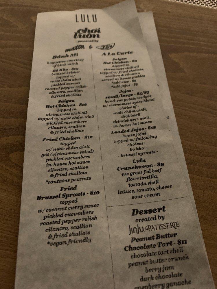 Menu at LULU pub & bar, Portland