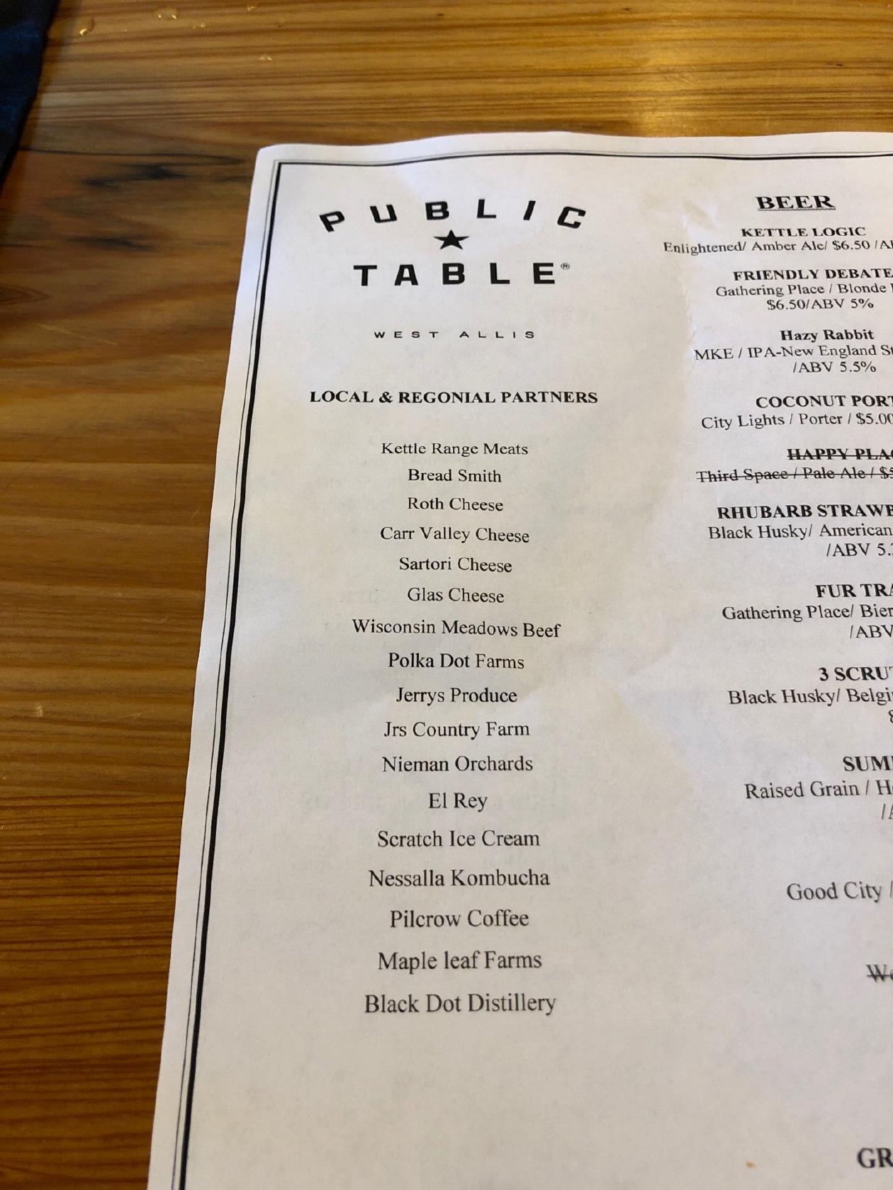 Menu at Public Table, West Allis, W National Ave