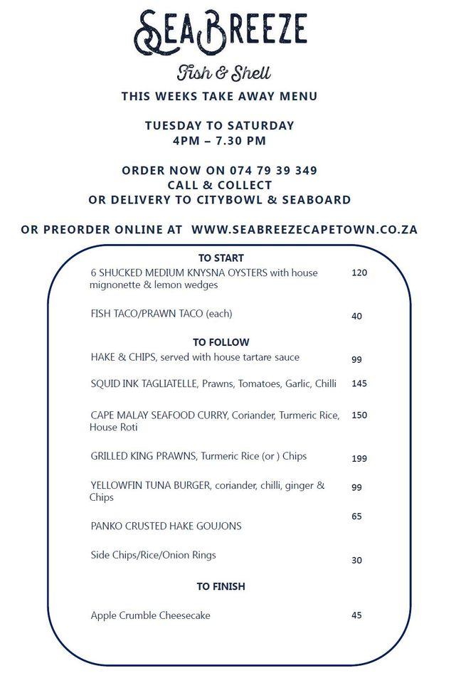 Menu at SeaBreeze Fish & Shell restaurant, Cape Town