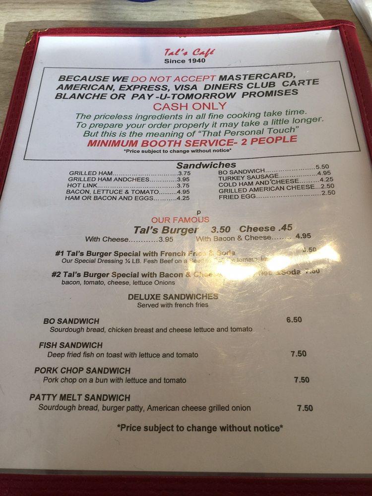 Menu at Tal's Cafe, Los Angeles