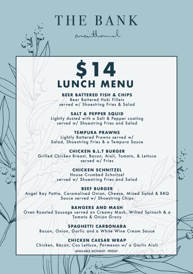 Menu at The Bank Hotel restaurant, East Maitland