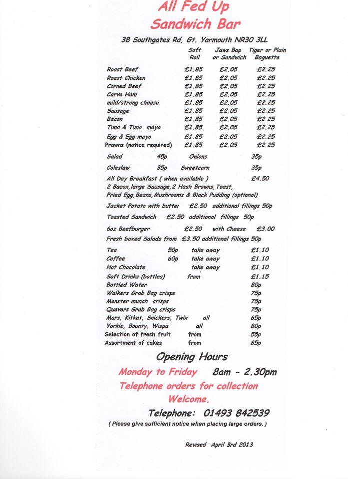 Menu at All Fed Up, Great Yarmouth