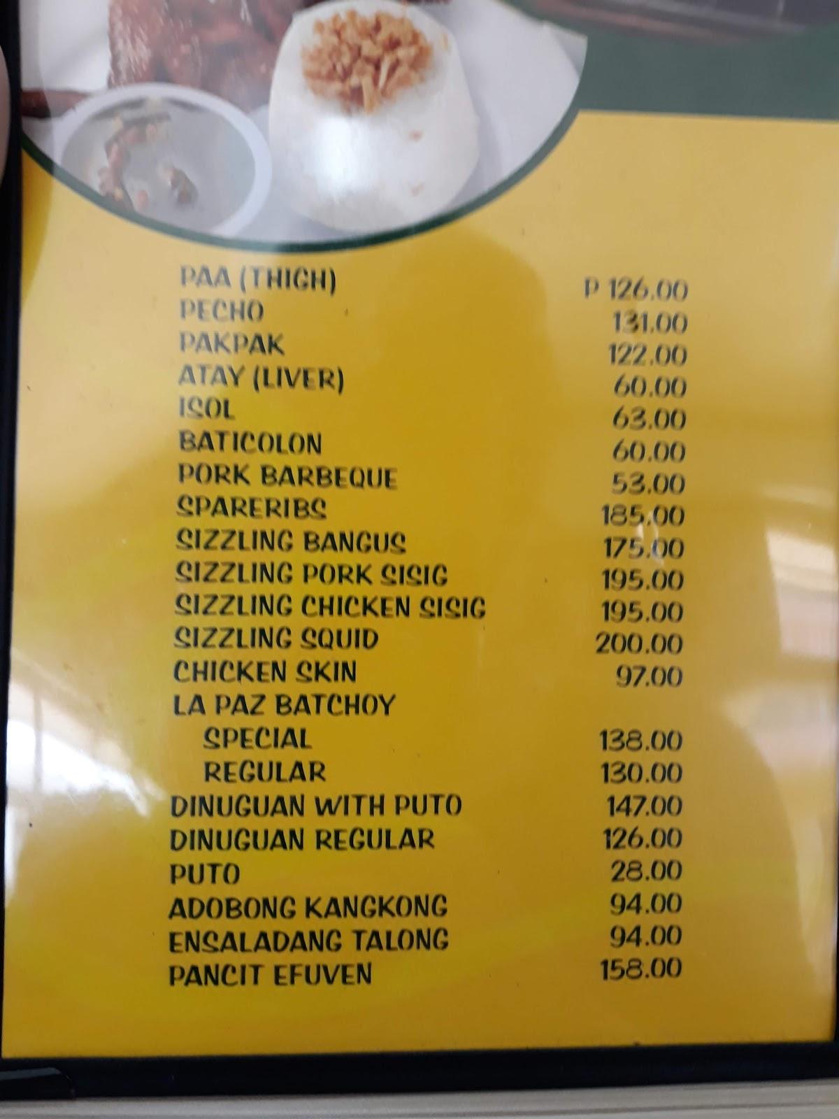 Menu at Bacolod Chicken House restaurant, Manila, Femii Bldg