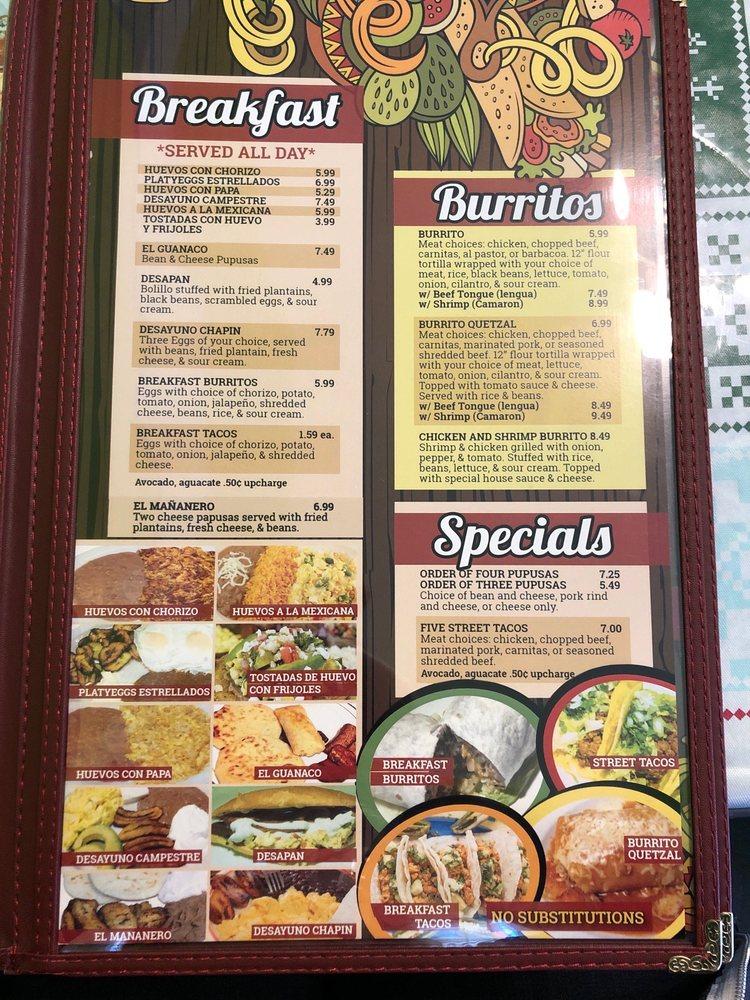 Menu at El Quetzal Restaurant & Bakery, Carthage