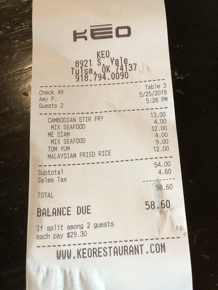 Menu at KEO restaurant, Tulsa, S Yale Ave