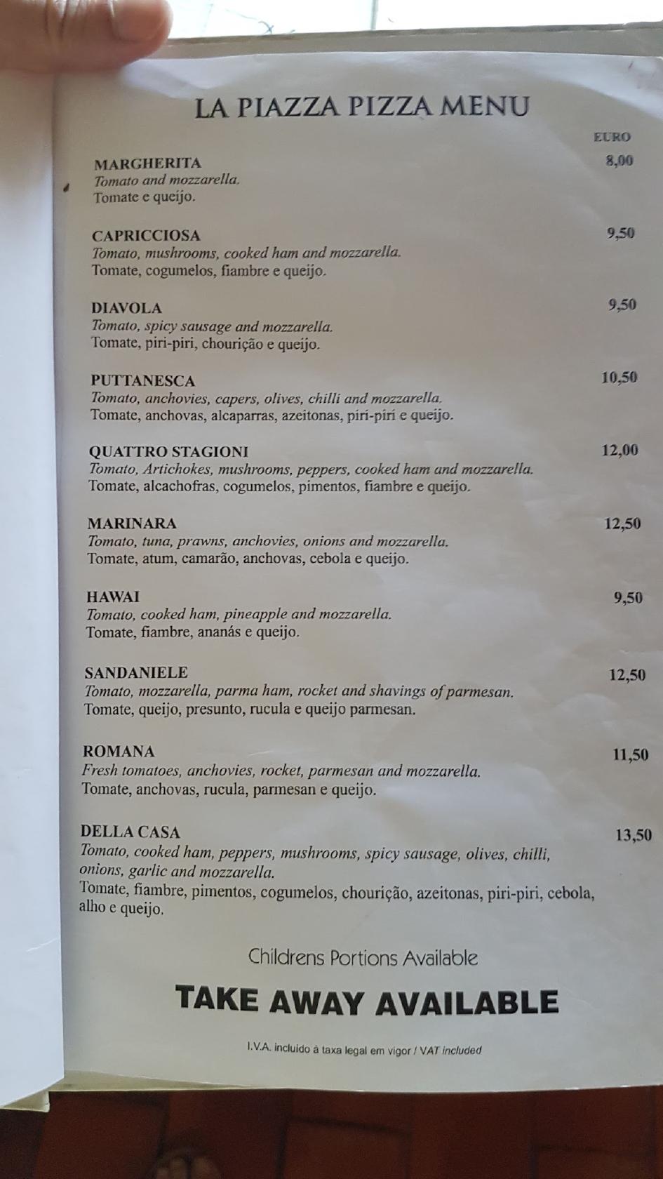 Menu at La Piazza restaurant, Faro