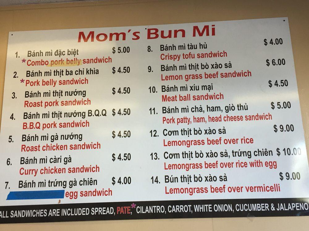 Menu at Mom's Bun Mi restaurant, Oakland