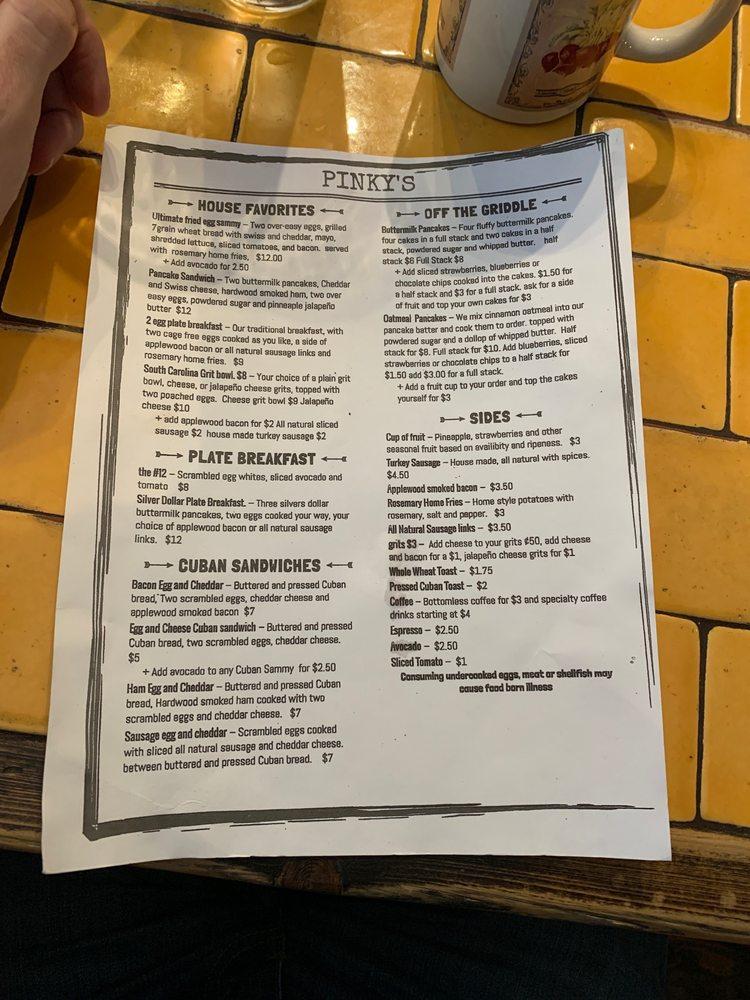 Menu at Pinky's Diner restaurant, Tampa