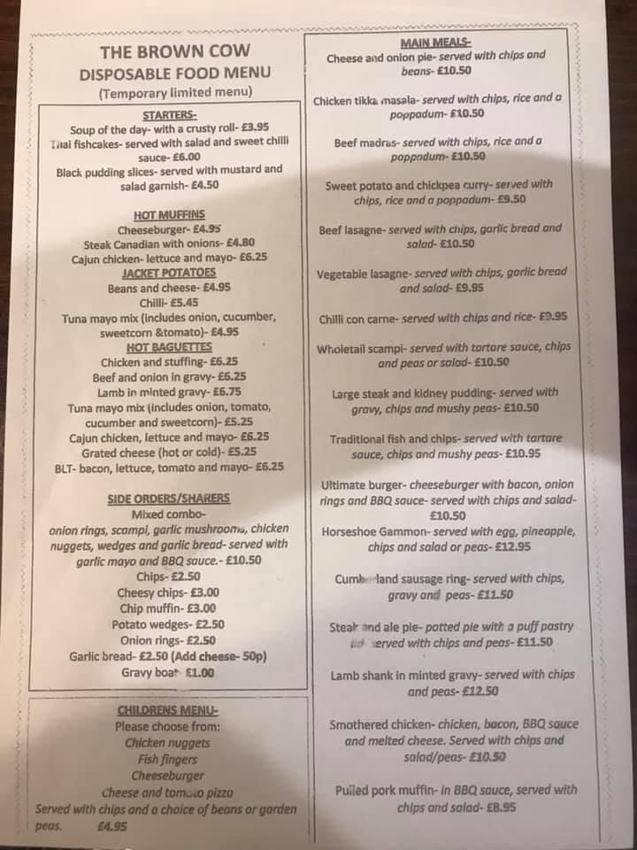 Menu at The Brown Cow pub & bar, Bury, Burrs Country Park
