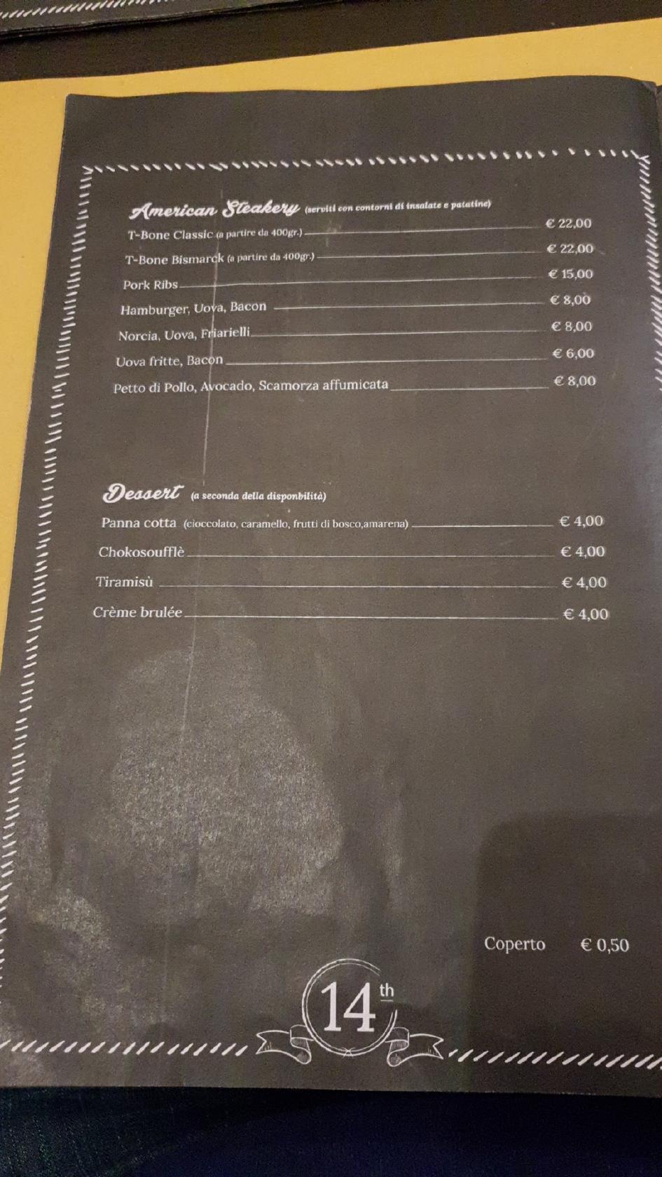 Menu at 14th American Pub, Matera
