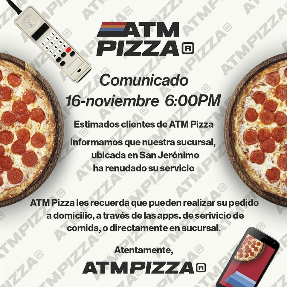 Menu at ATM PIZZA restaurant, Monterrey