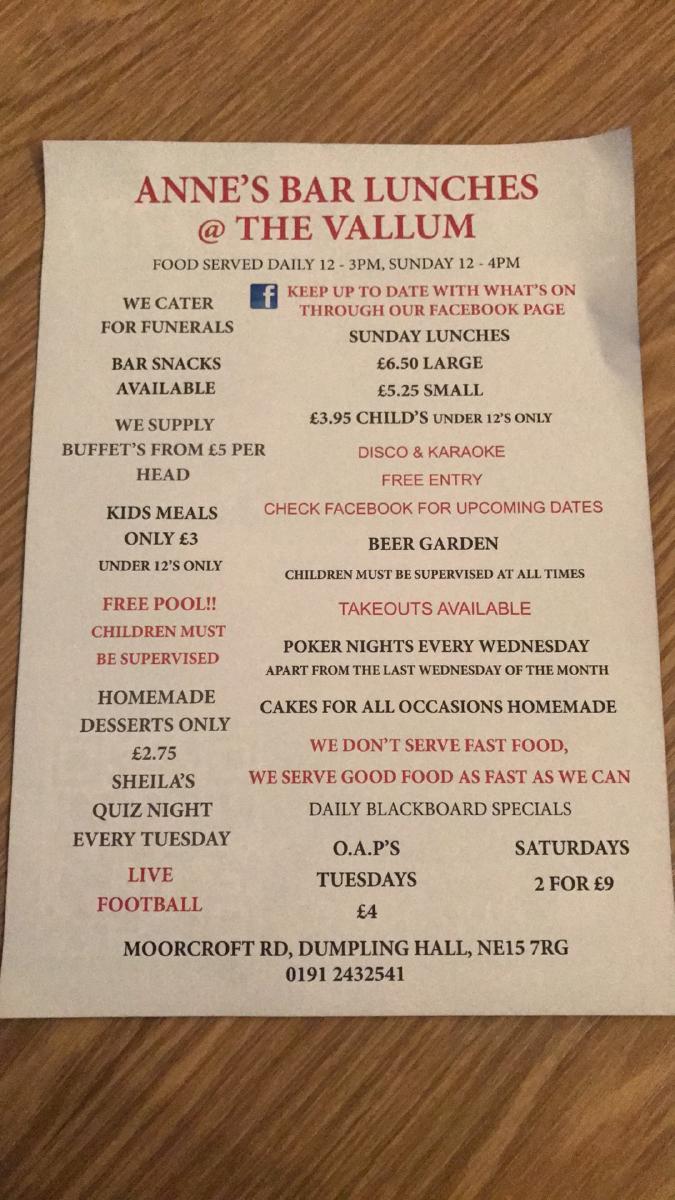 Menu at Anne's Bar Lunches @ The Vallum, Newcastle upon Tyne
