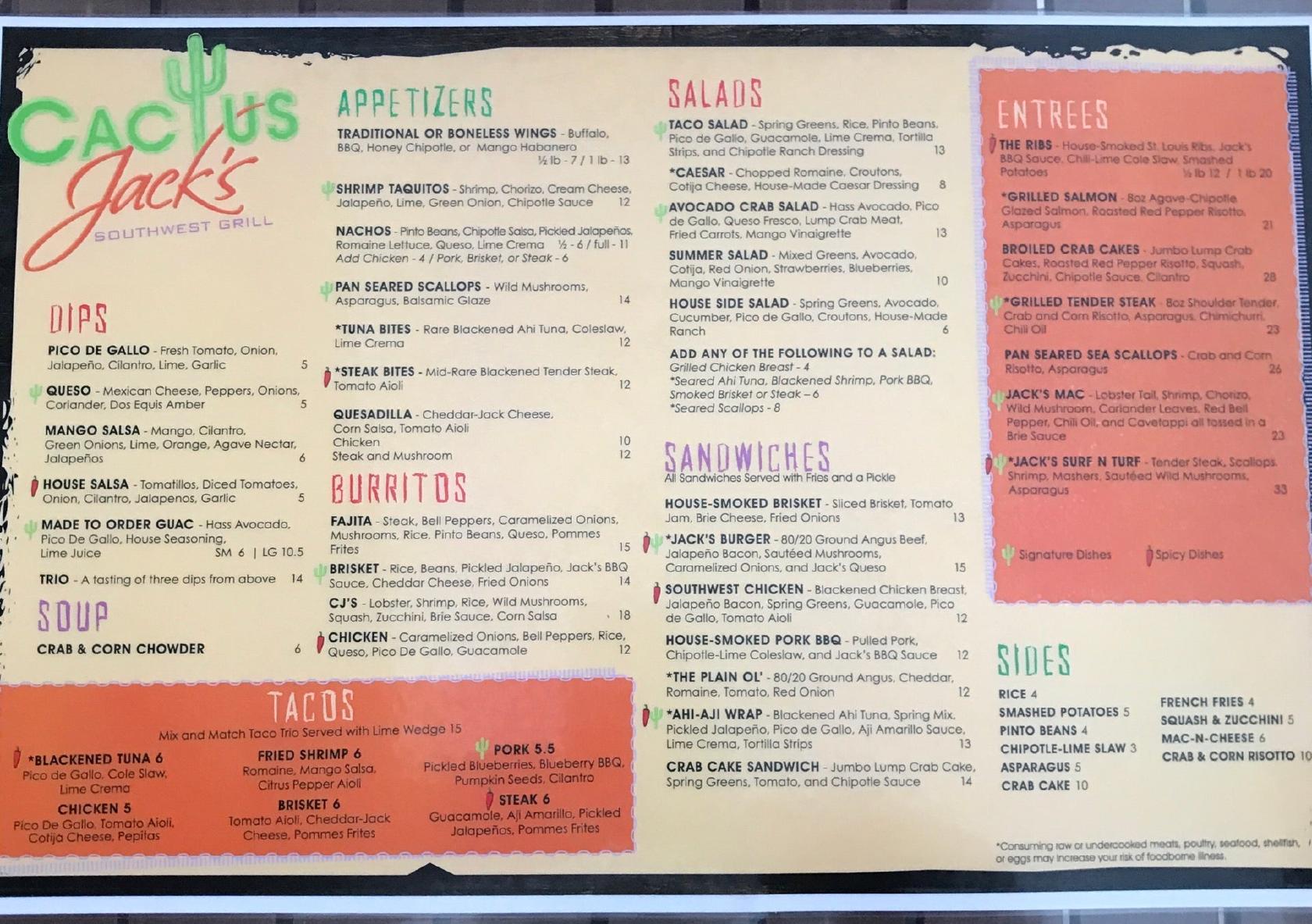 Menu at Cactus Jack's Southwest Grill pub & bar, Virginia Beach