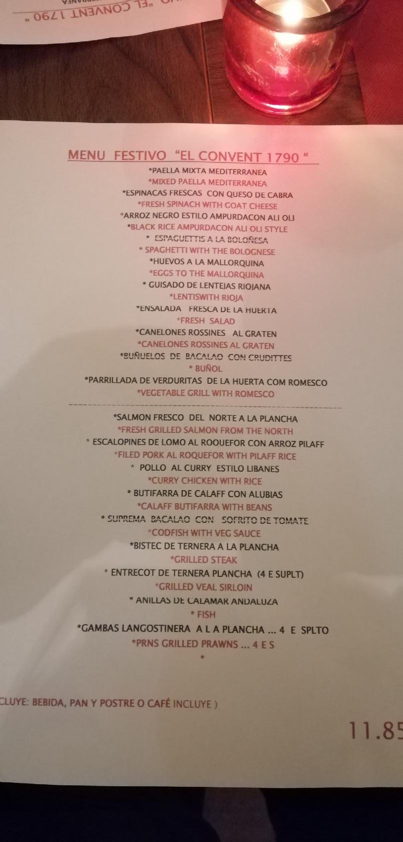Menu at El Convent 1790 Tapas i Vins Restaurant, Barcelona