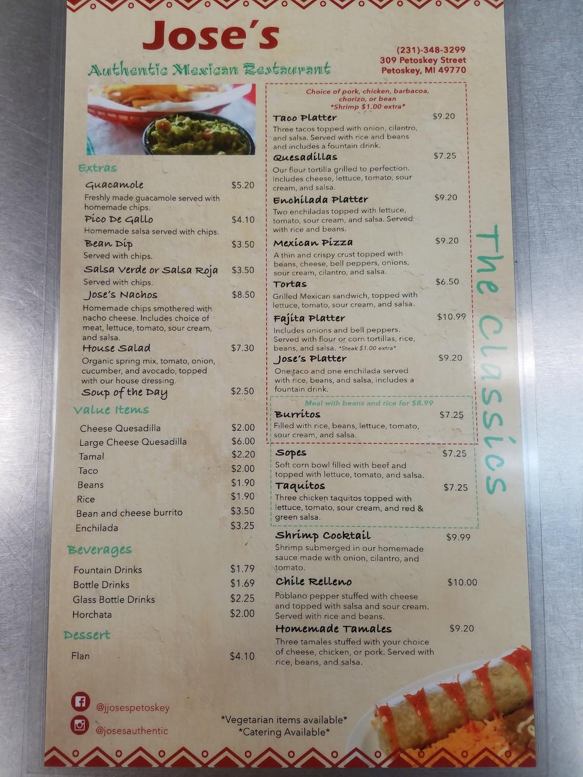 Menu at Jose's Authentic Mexican restaurant, Petoskey