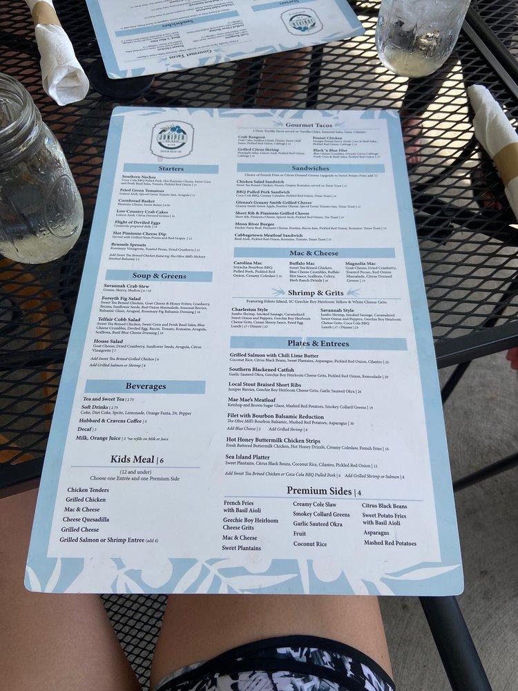 Menu at Juniper on Main restaurant, Carmel