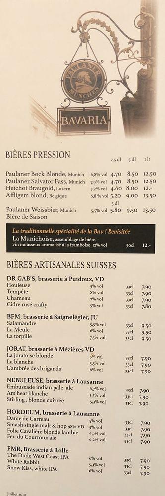 Carta de La Bavaria - Brasserie Lausanne, Lausana