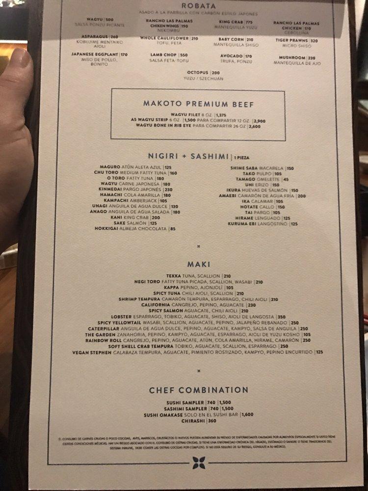 Carta del restaurante Makoto, Ciudad López Mateos