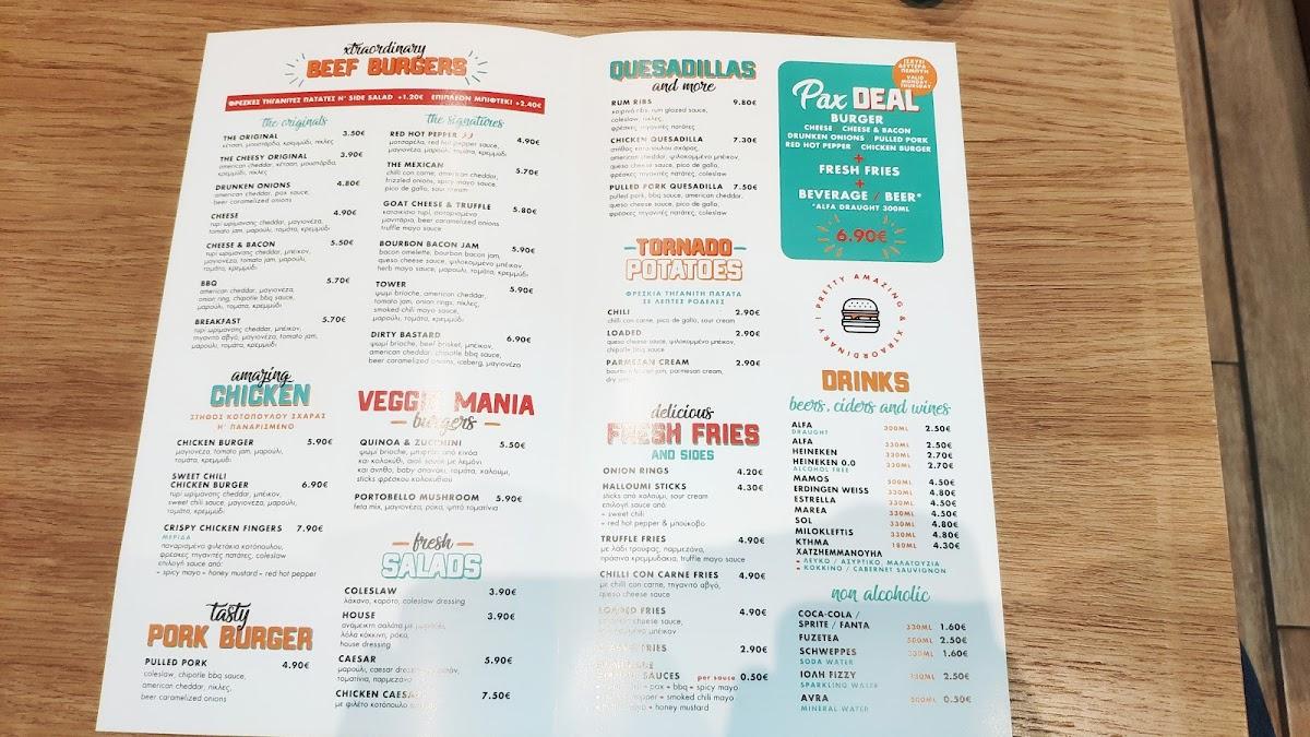 Menu at Pax burgers, Kos