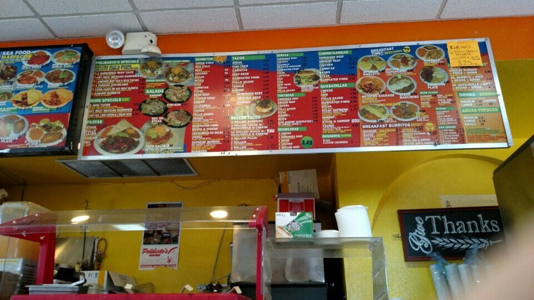 Menu at Poliberto’s restaurant, Tempe, W Baseline Rd