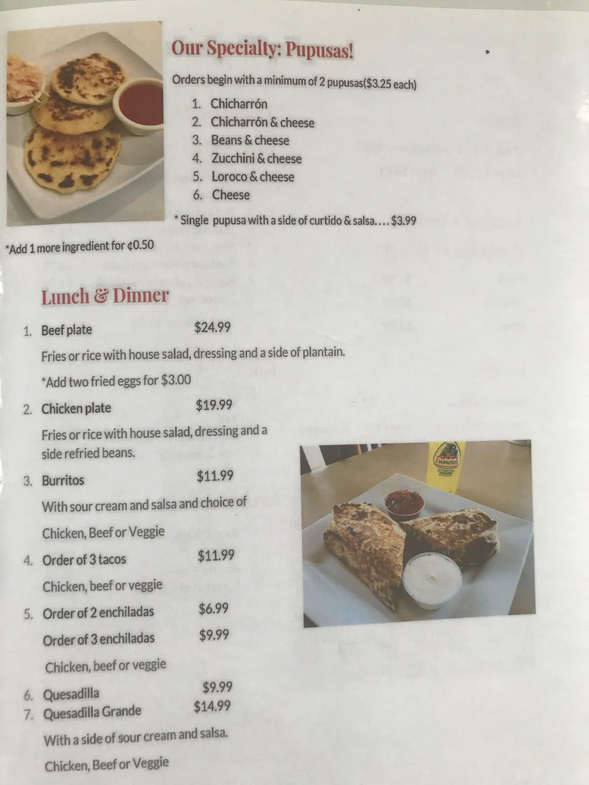 Menu at Pupuseria Latinos restaurant, Kitchener