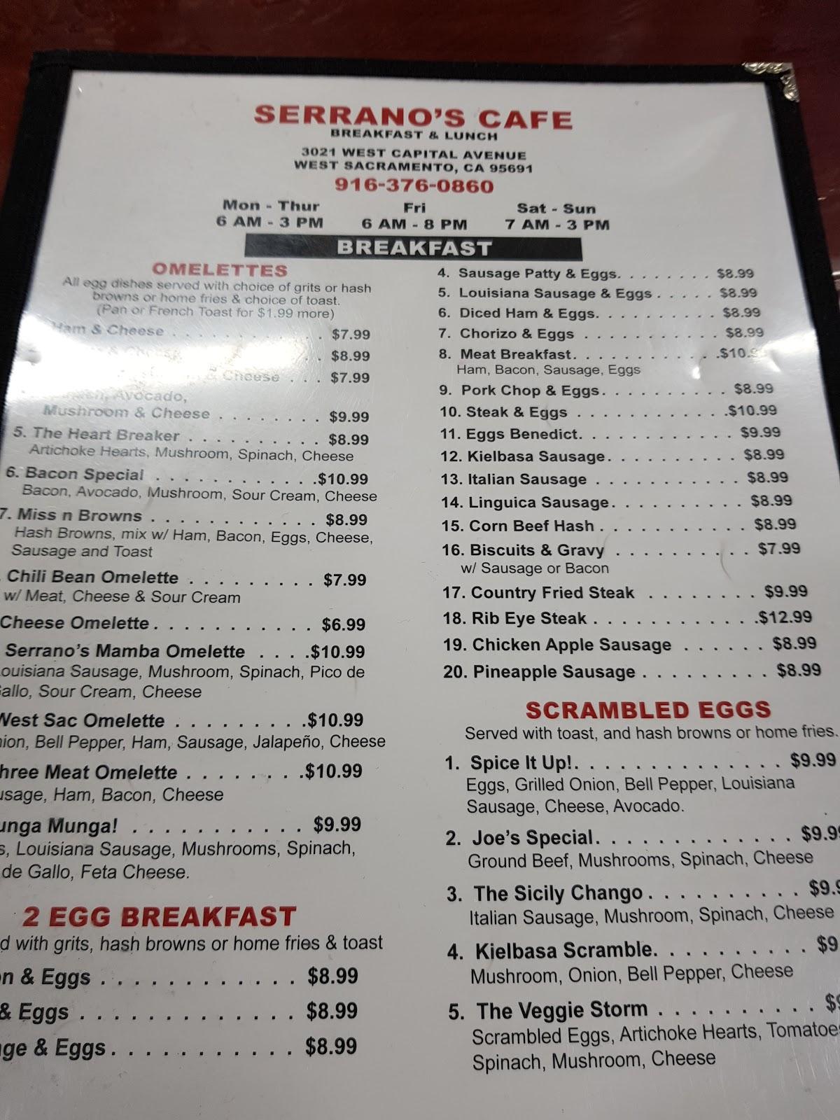 Menu at Serrano's Cafe, West Sacramento