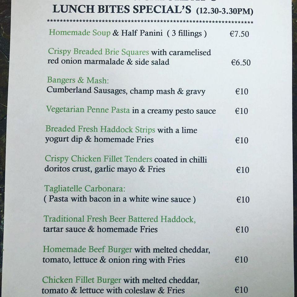 Menu at Sheehan's restaurant, Waterford