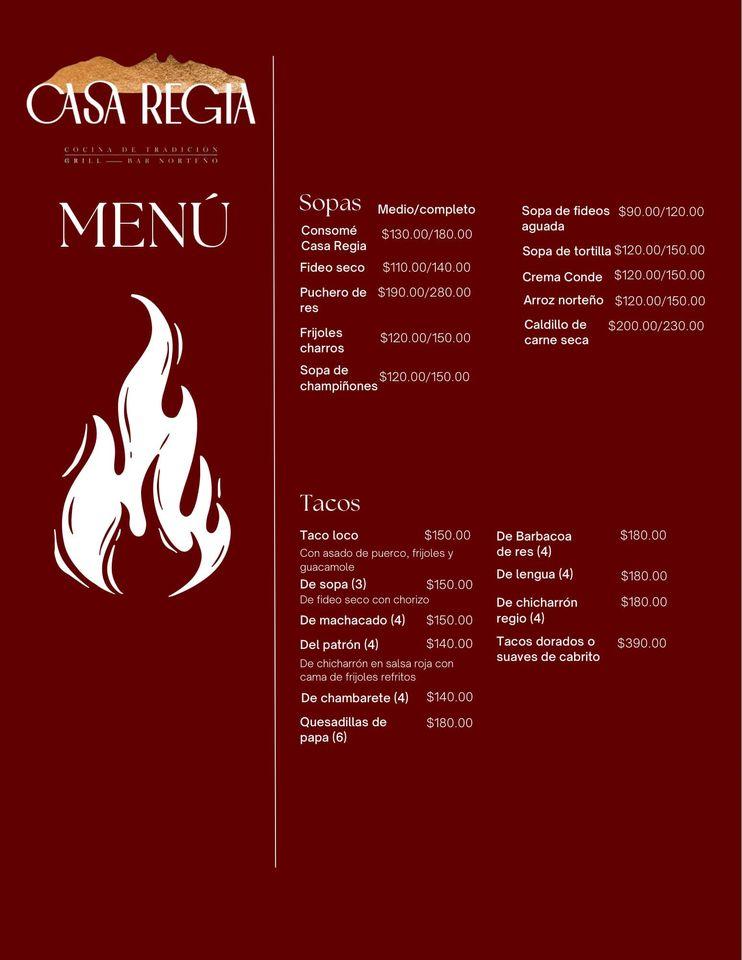 Menu at Casa Regia restaurant, Mexico City, Calle Arquimedes 39