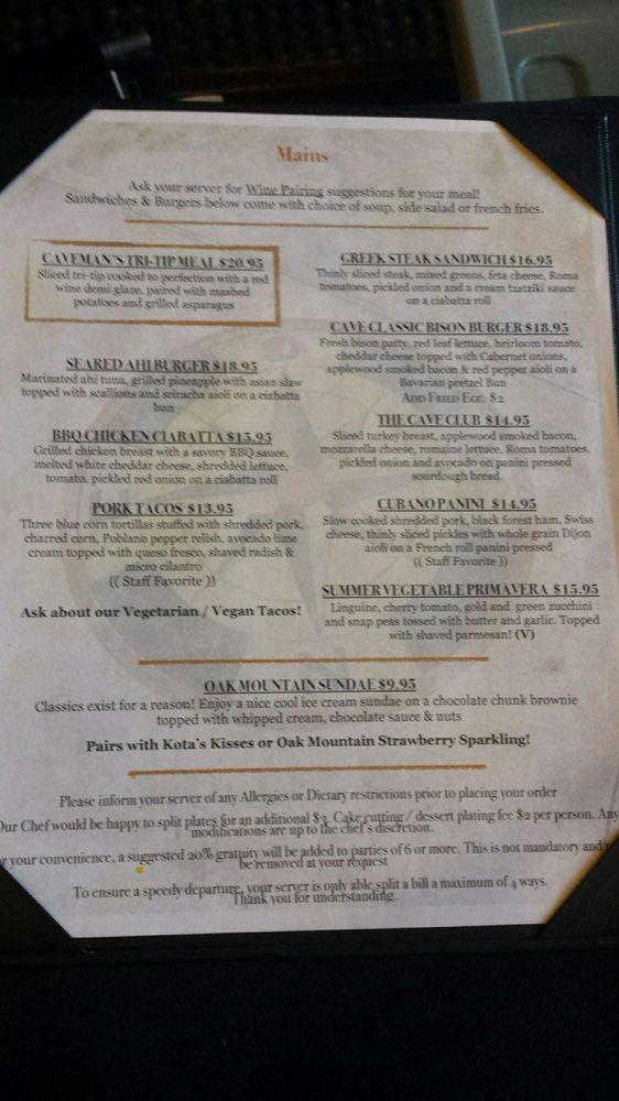 Menu at Cave Cafe, Temecula