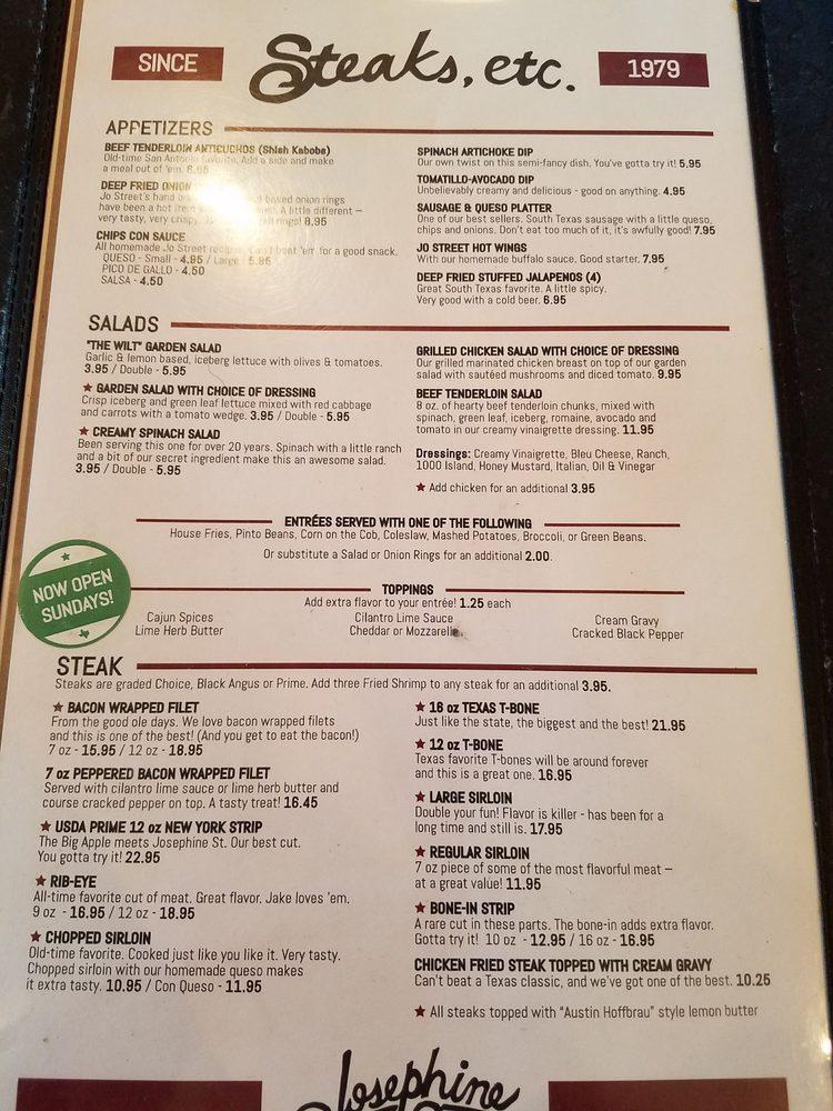 Menu at Josephine Street steakhouse, San Antonio